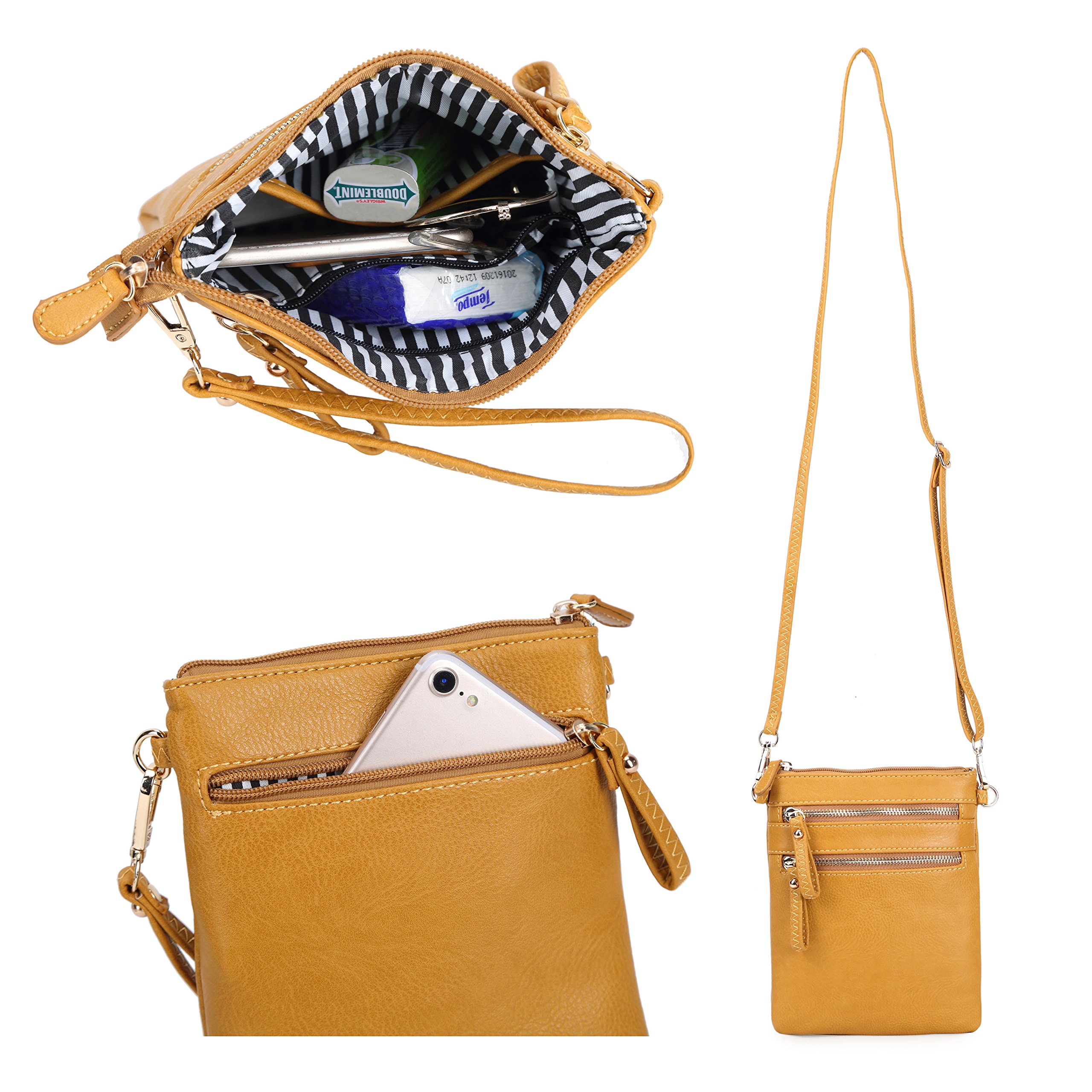 Solene Women's Faux Leather Organizer Multi Zipper Pockets Handbag With Detachable Wristlet Crossbody Bag-WU002(Mustard)