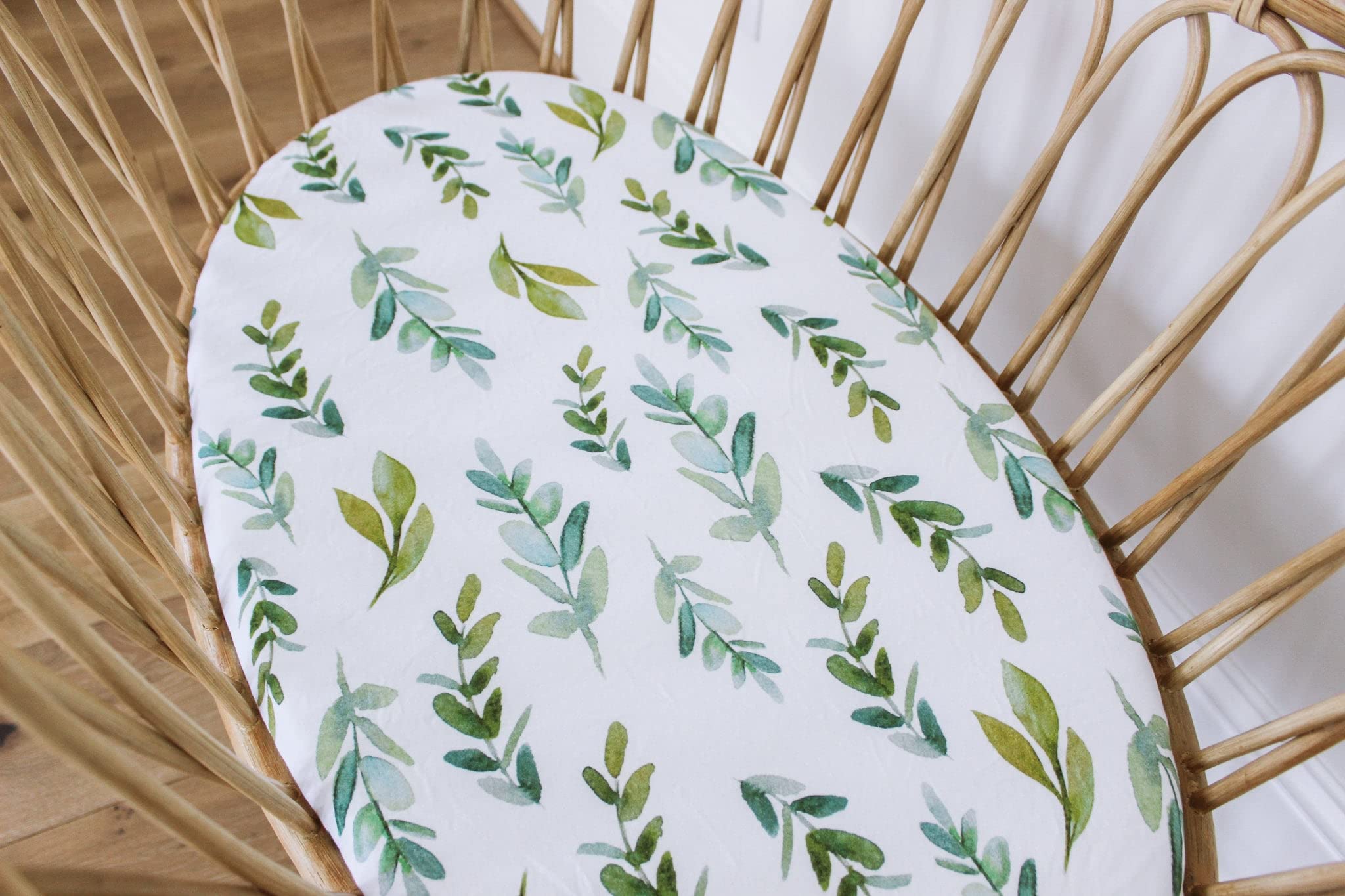 NODNAL CO. Leafy Bassinet Fitted Sheet - 100% Jersey Cotton for Baby Girl/Boy - Gender Neutral/Floral Eucalyptus Universal Fitted Cover Sheets (Leafy Greens)