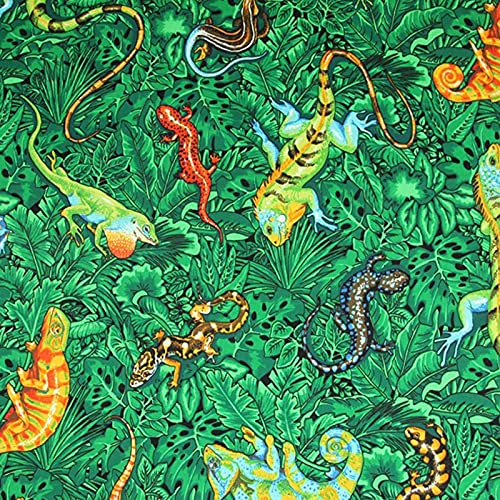 PUMCRAFT Sewing Fabric 100% Cotton Green Leaf Colorful Lizard Printing Plain Cotton Fabric Animal Forest Variety Colorful DIY Patch - 50cm - 105cm Fabric Patchwork Craft