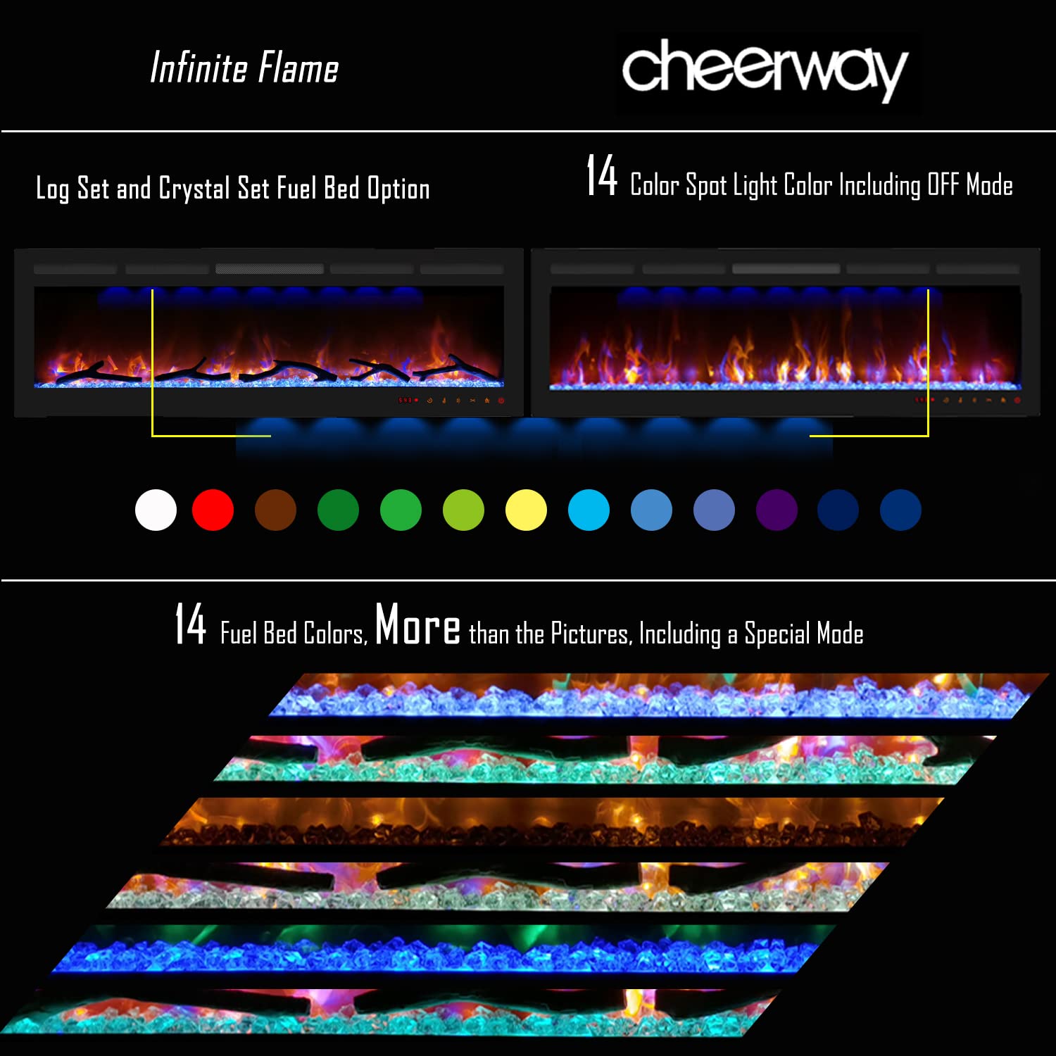 Cheerway 42 Inch Electric Fireplace, Recessed Fireplace Insert and Wall Mount Fireplace Heater with Remote & Touch Control, Adjustable Flame Color & Brightness, Log Set & Crystals, Child Lock & Timer