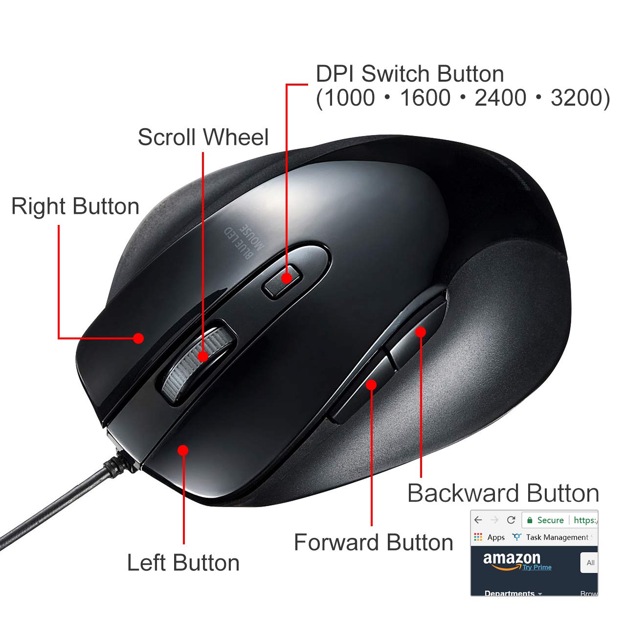 SANWA (Japan Brand) Wired Vertical Ergonomic Mouse, Silent Blue LED Optical Computer Mice, (1000/1600/2400/3200 DPI, 6 Buttons) Compatible with MacBook, Laptop, Windows Android Mac OS