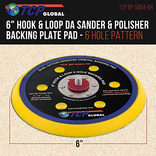 TCP Global 6" Hook & Loop DA Sander & Polisher Backing Plate Pad, 6 Hole Pattern Dustless - Dual-Action Random Orbital Sanding Pad - Low Profile Edge, Medium Density - for Auto Woodworking Sandpaper