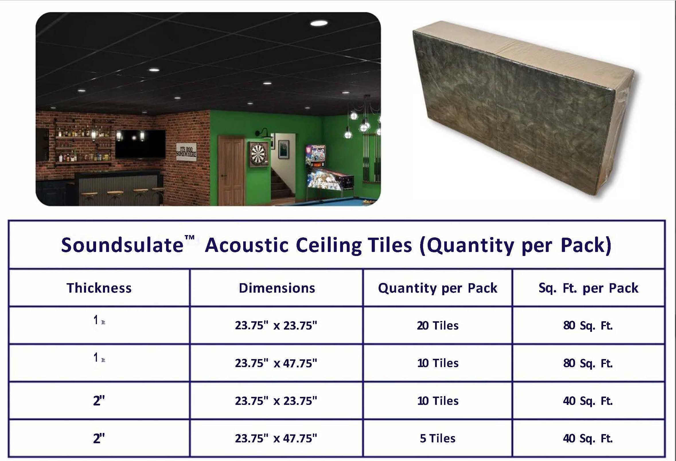 Soundsulate Sound Absorbing Acoustical Drop Ceiling Tiles, Black, 24" x 48" x 1"