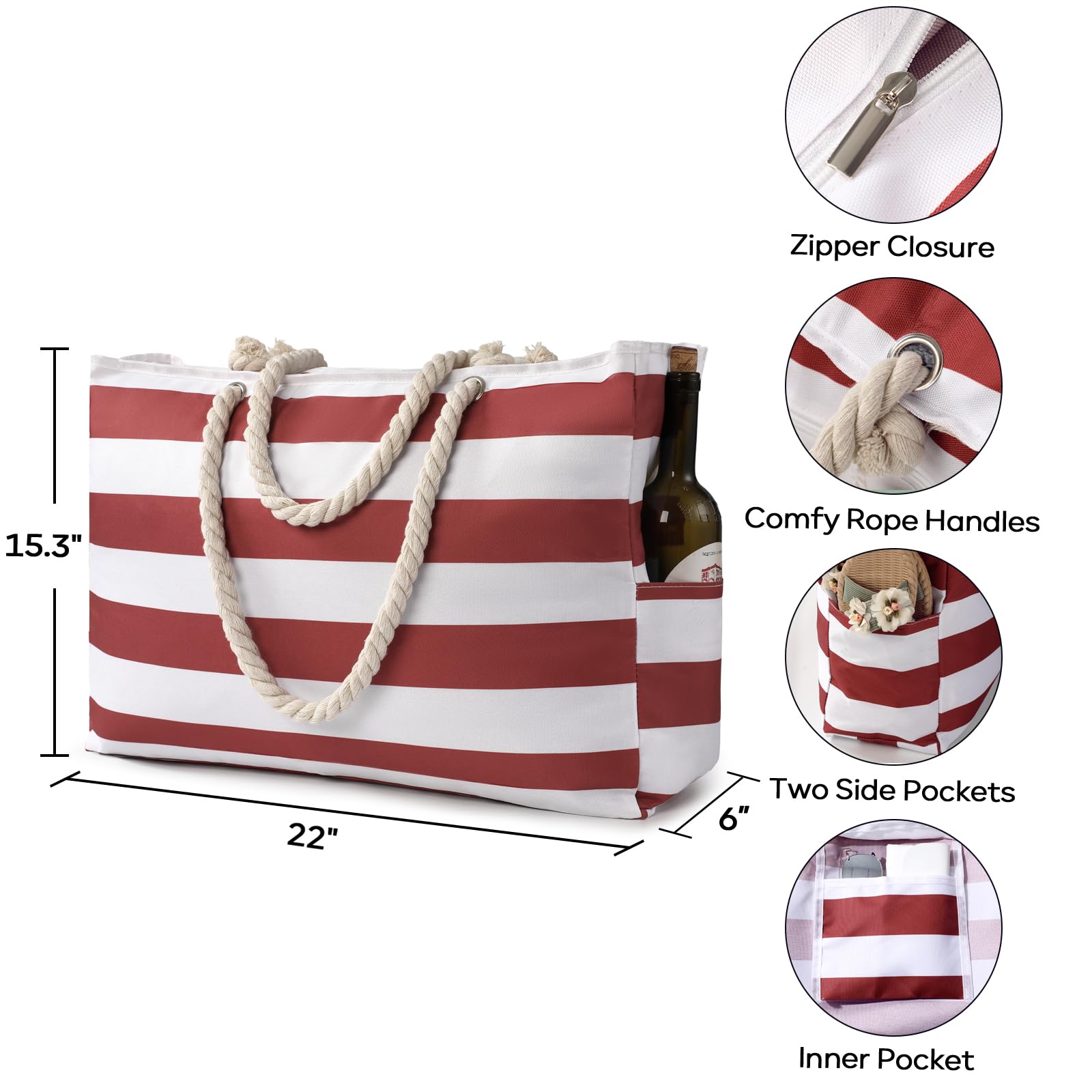Clothirily Beach Bag for Women - Large Beach Tote Bag, Waterproof Sandproof Beach Bag with Zipper, Large Swim Pool Beach Tote, Red