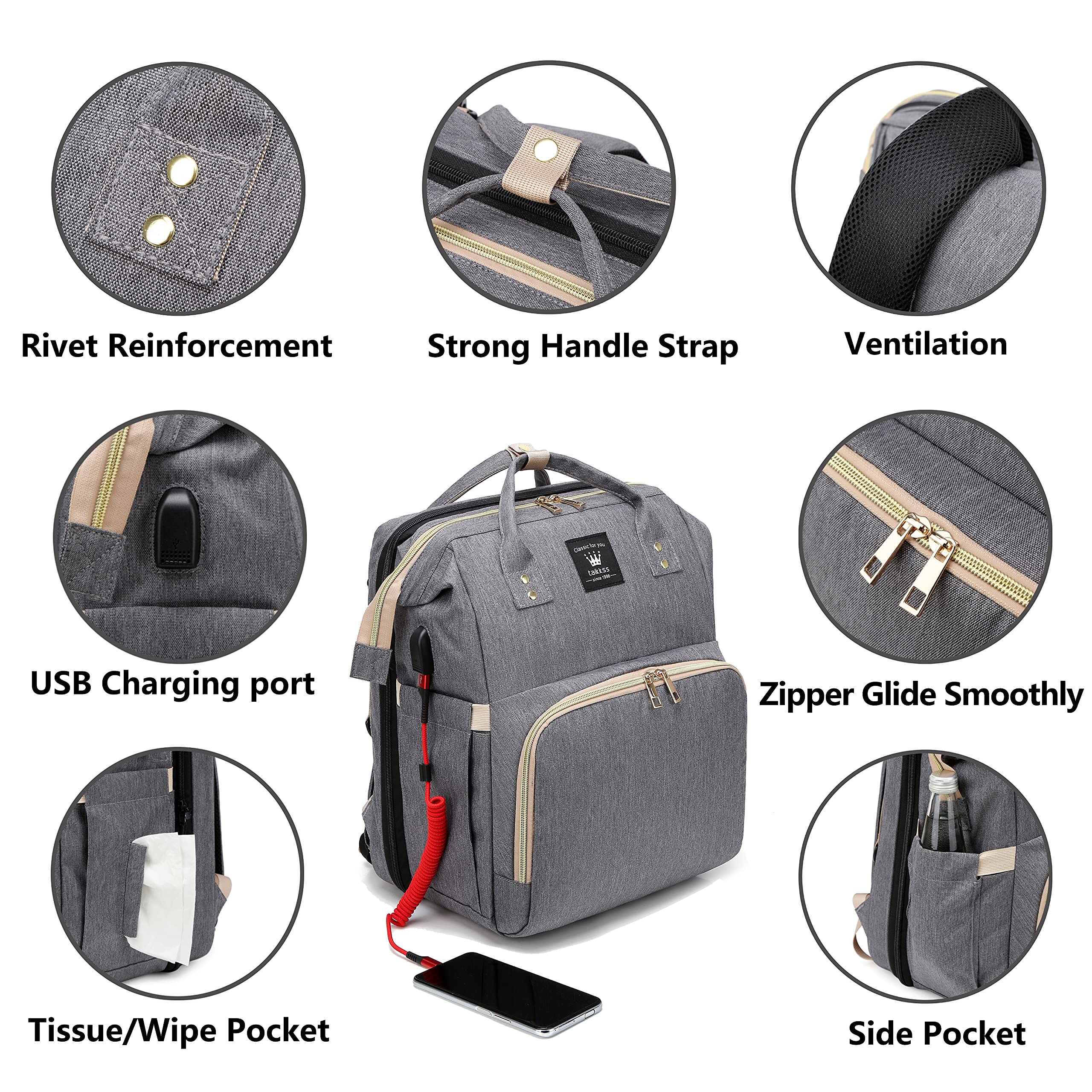 Diaper Bag Backpack, Nappy Bags for Baby Boy with USB Charging Port, Large Capacity, Waterproof, Breathable Mosquito Net Sunshade Grey