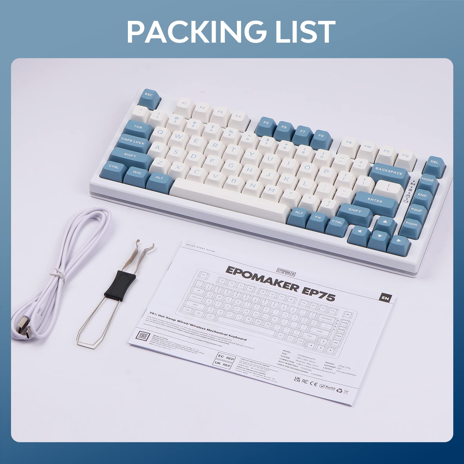 EPOMAKER EP75 75% Mechanical Keyboard, Hot Swap BT5.0/2.4G/USB-C Wired Gaming Keyboard, with 10000mAh Battery, RGB Backlights, Double Shot PBT Keycaps for Linux/Win/Mac(Pampas, Budgerigar Switch)