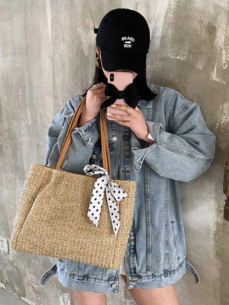 Obosoyo Straw Bags for Women Beach Bags Bowknot Shoulder Bags Straw Purse Summer Woven Bags