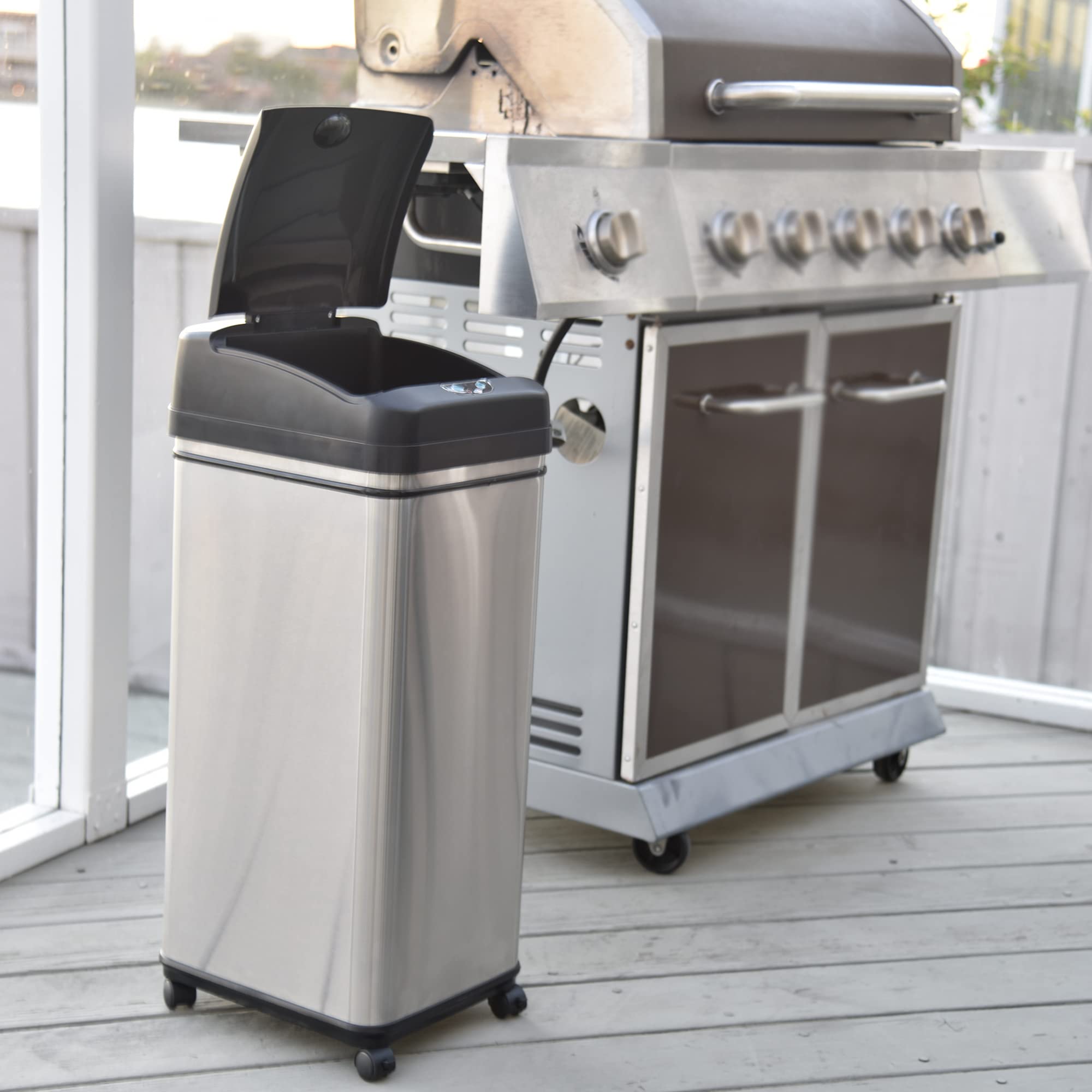 iTouchless 13 Gallon Glide Sensor Trash Can with Wheels and 10 Premium Trash Bags, Odor Control System, Automatic Kitchen and Office Garbage Bin, Stainless Steel