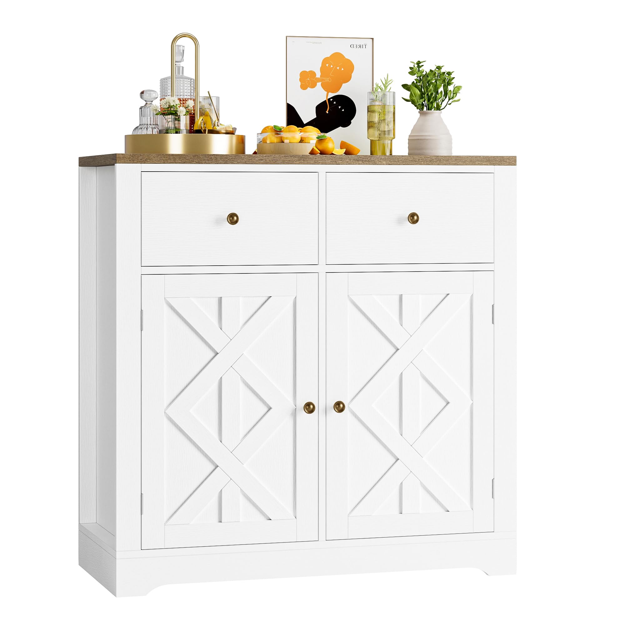 FOTOSOK Kitchen Sideboard Buffet Cabinet, 34'' H Farmhouse Kitchen Storage Cabinet with Drawers and Adjustable Shelves, Modern Coffee Bar Cabinet for Kitchen, Dining Room, Bathroom, Entryway, White