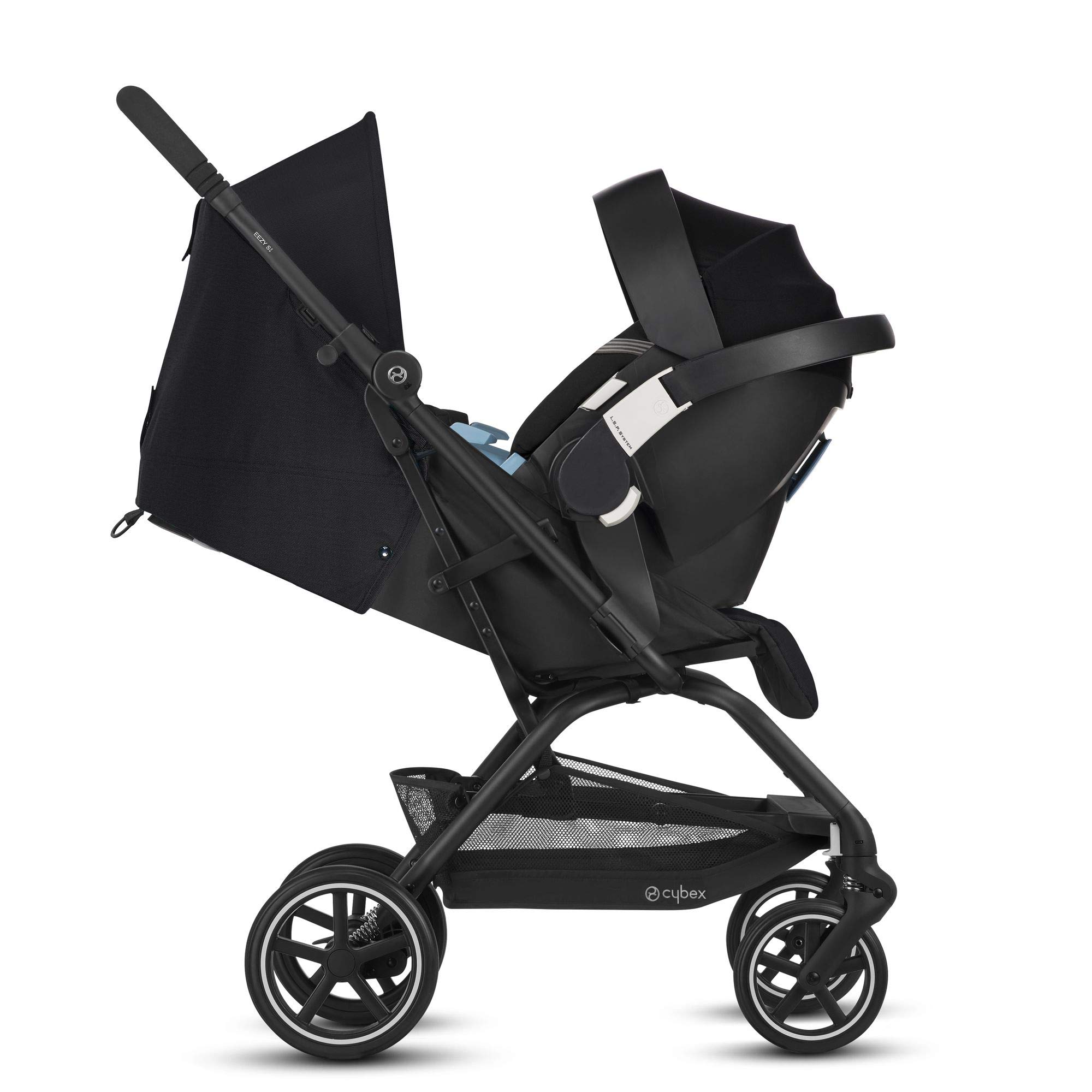 Cybex Eezy S + 2 Lightweight Travel Baby Stroller for 6 Months+, Compatible with Infant Car Seats, Compact Fold, Stands for Storage, All-Terrain Wheels, Deep Black