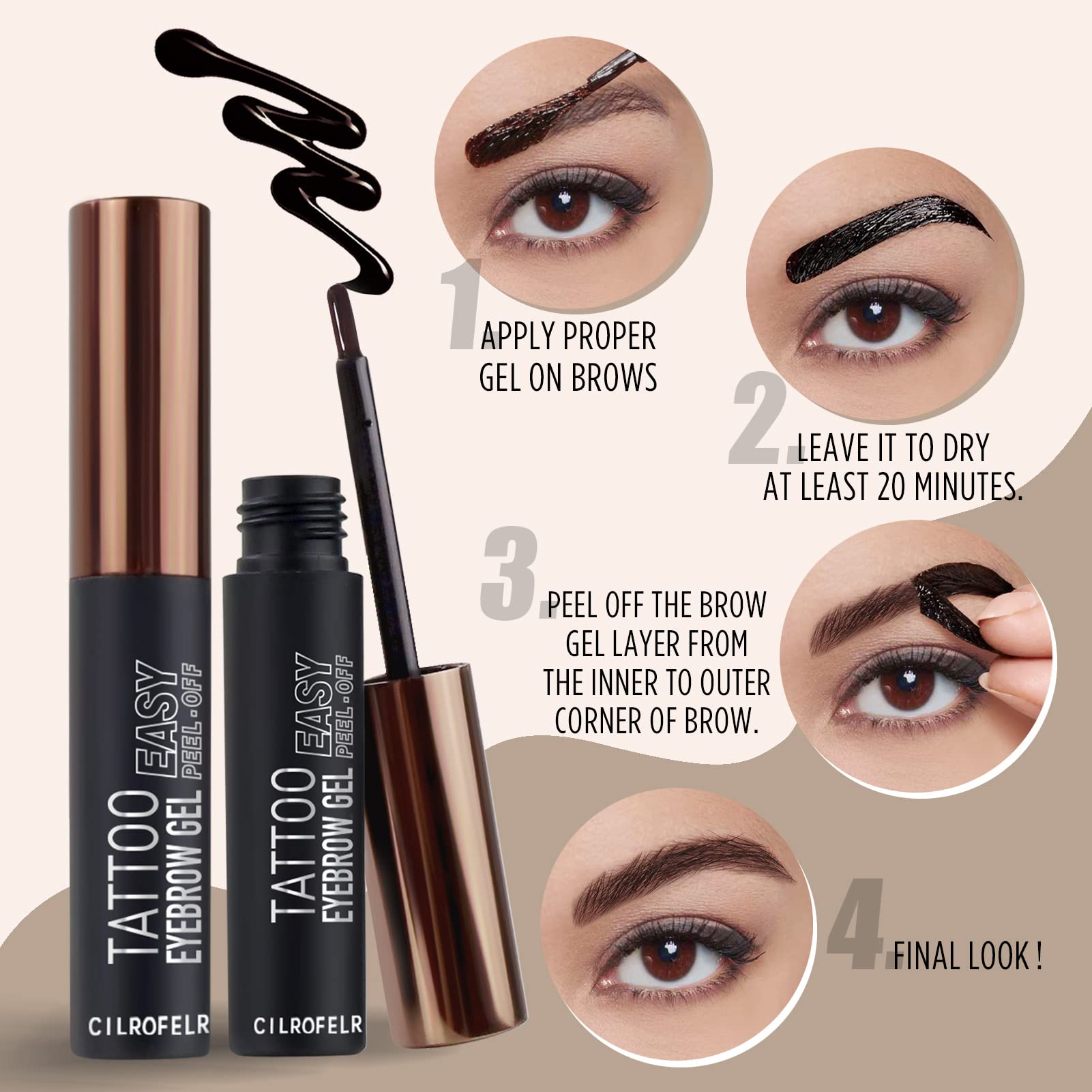 Cilrofelr Tattoo Peel Off Eyebrow Gel Tint, Semi Permanent Brow Tint, Last Up to 3 Days, Waterproof, Transfer-proof, For Fuller & Defined Looking Brows, Dark Brown (2 Pack)