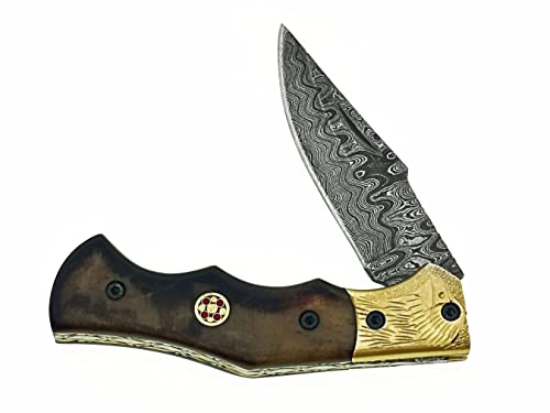 Damascus Steel Blade Folding Pocket Hunting Knife Real Leather Sheath For Camping Fishing Outdoor EDC SM91