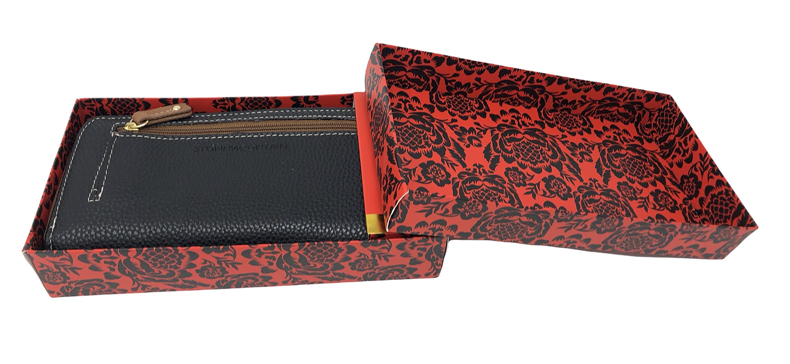 Stone Mountain Large Leather Zip Around Black/Brown Pebble Wristlet Wallet | 8X 1.5 X 4 inch