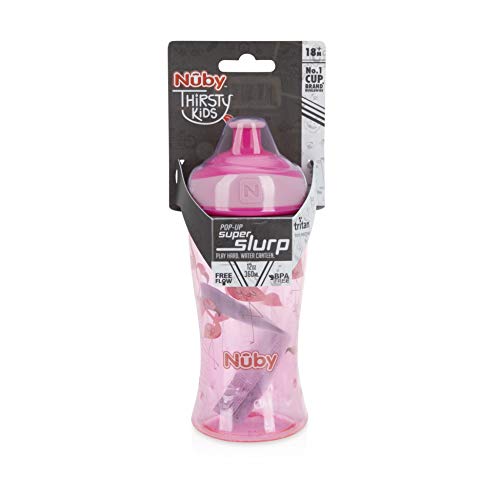 Nuby Thirsty Kids Tritanfree Flow Pop Up Super Slurp Water Bottle, Flamingo, 1 Pack, 12 Oz
