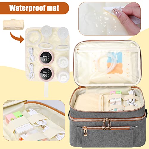 Partreko Wearable Breast Pump Bag with Insulated Pocket, Compatible with Most Breast Pumps for Medela, Elvie, Willow, Momcozy, 2 Layer Pump Bag with a Waterproof Mat & 3 Adjustable Dividers (Gray)