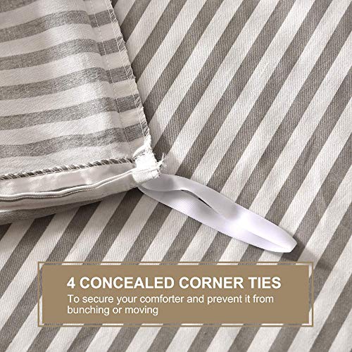 JELLYMONI 100% Natural Cotton 3pcs Striped Duvet Cover Sets with Zipper Closure & Corner Ties, White Comforter Cover with Grey Stripes Pattern Printed (Full Size)