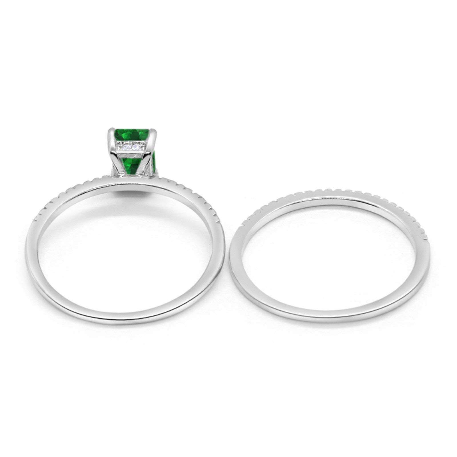 Blue Apple Co. Art Deco Two Piece Wedding Engagement Bridal Set Radiant Simulated Green Emerald CZ 925 Sterling Silver Size-8