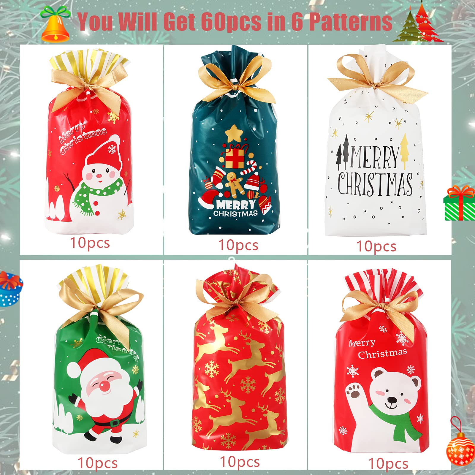 Heniho 60pcs Christmas Treats Bags, 4”x 6” Drawstring Candy Cookie Bags Gift Party Favors