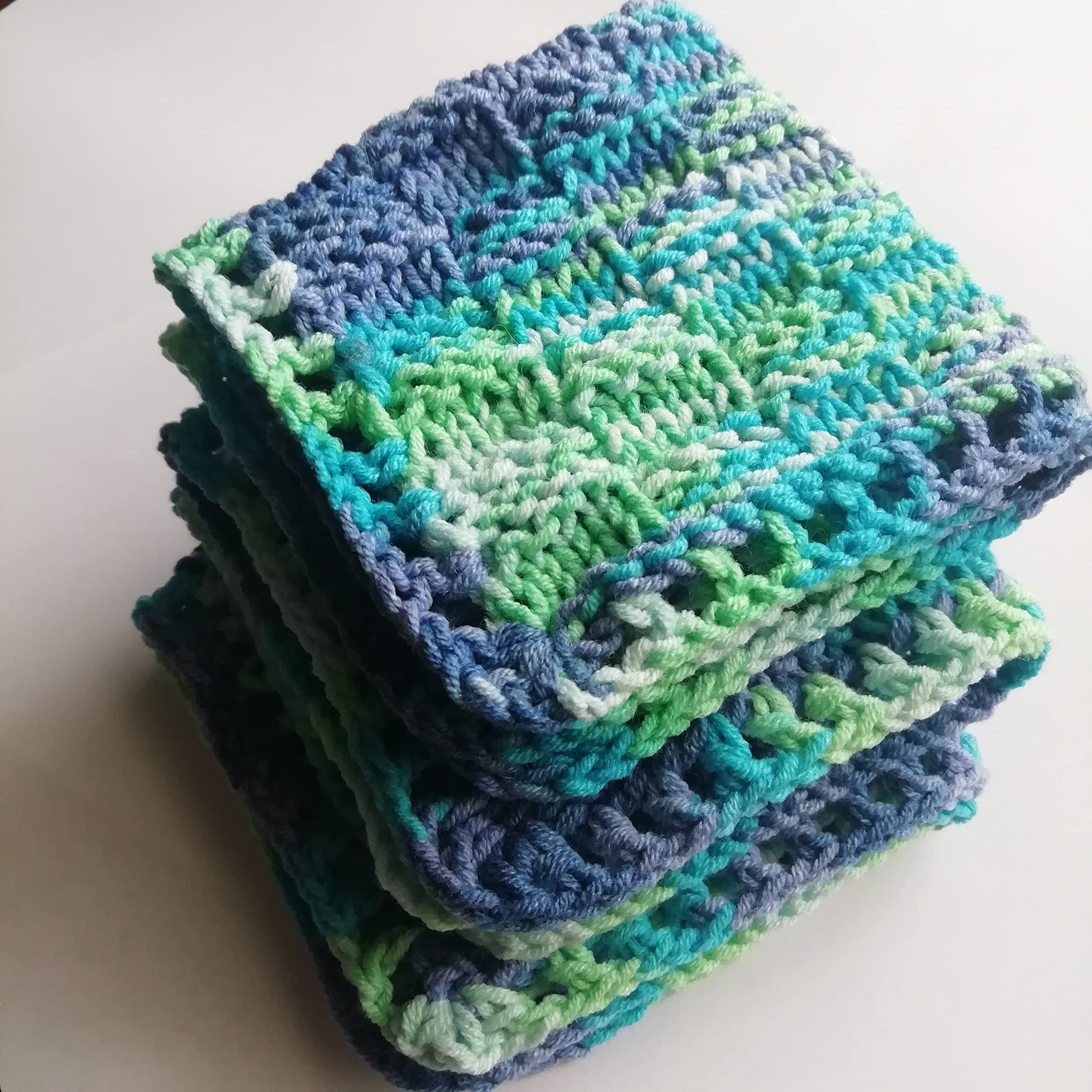 Cotton colorful dishcloth set of 3, Knitted absorbent bright mini towels Dark blue-light green crochet square rags ecology