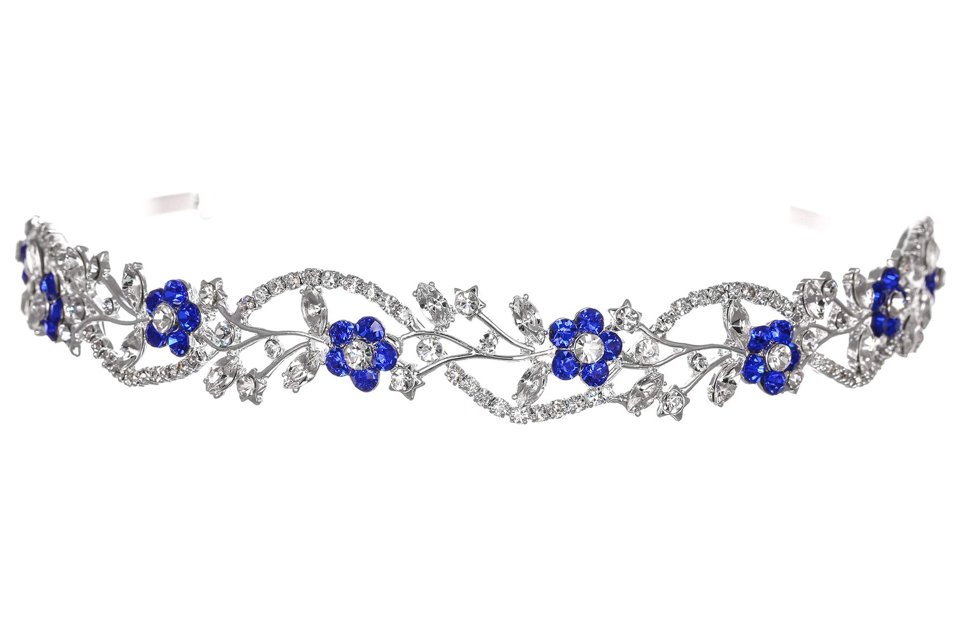 Bridal Flower Rhinestones Crystal Wedding Headband Tiara - Blue Crystal Silver Plated T1164