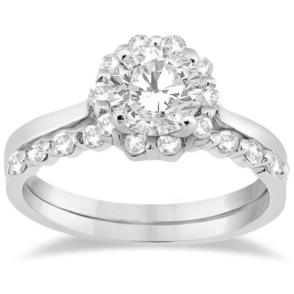 Bridal Set Floral Halo Diamond Engagement Ring and Wedding Band 18k White Gold (0.20ct)
