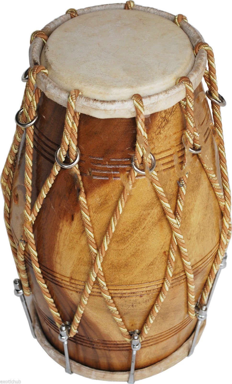 SPECIAL DHOLAK DRUM ROPE + BOLT TUNED~NATURAL WOOD COLOR POLISH~HAND MADE INDIAN