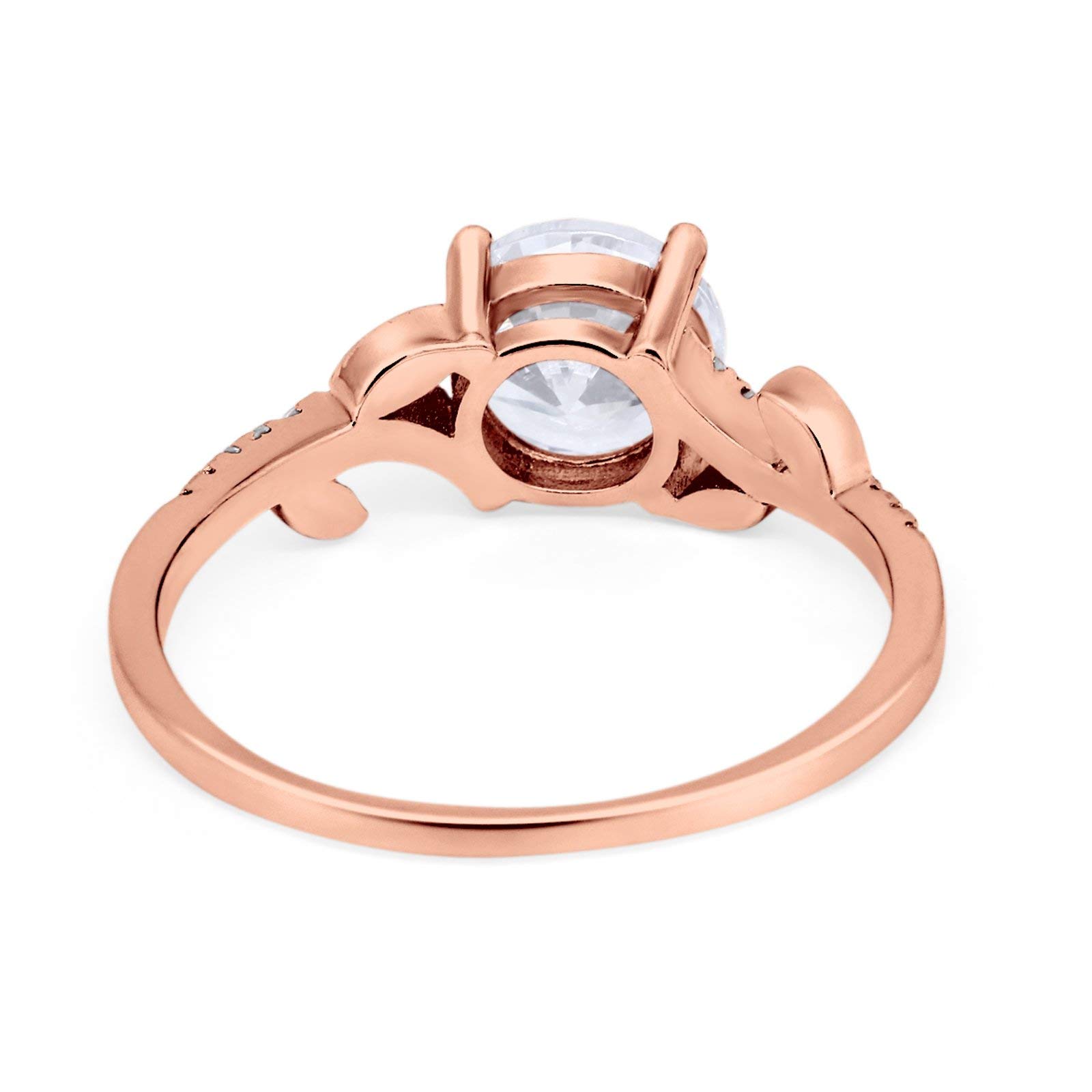 Blue Apple Co. Rose Tone, Simulated Cubic Zirconia Size-6 Leaf Style Art Deco Wedding Engagement Bridal Ring Round CZ 925 Sterling Silver