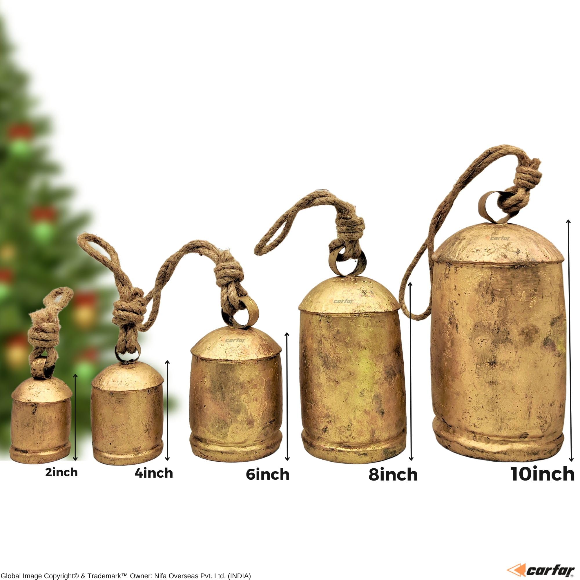 Carfar Set of 5 Rustic Style Bells Handmade Large Metal Harmony Christmas Hanging Cow Bells Complete Set on Jute Rope