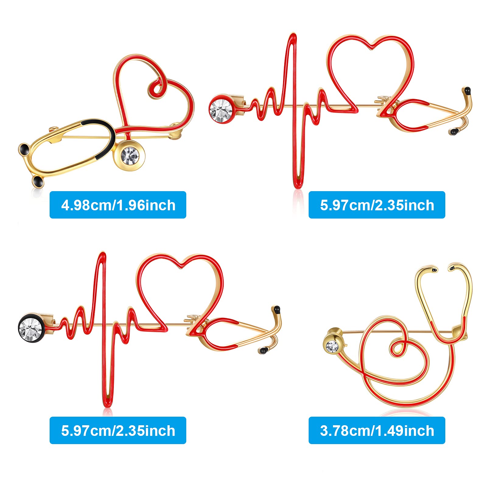 Henoyso 4 Pieces Stethoscope Brooch Pins Electrocardiogram Stethoscope Brooch Heart Shaped Pin Stethoscope Lapel Pin for Clothing Bags Women Men Decorations