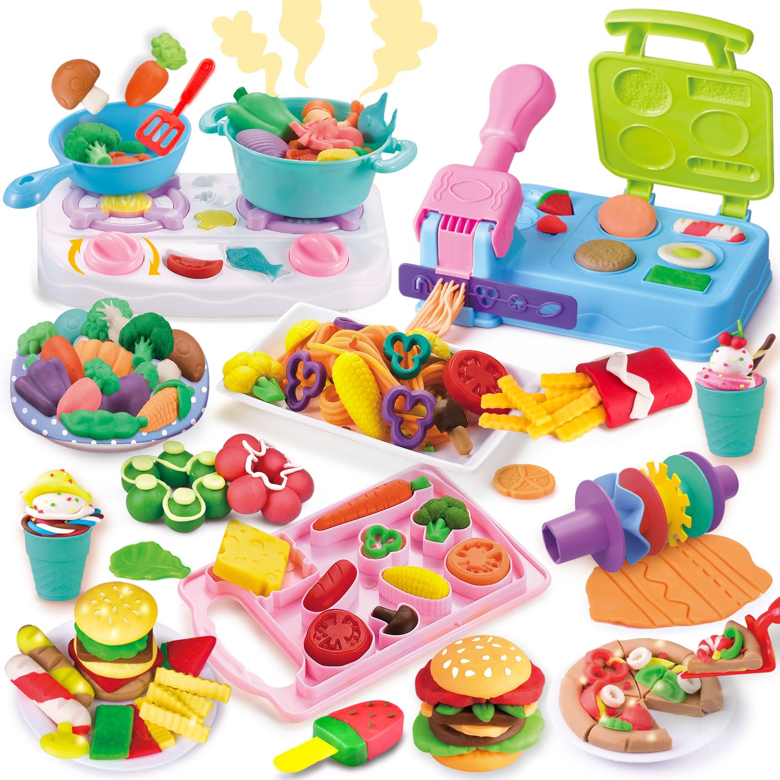 YiQis Kitchen Creatiocns Super Chef Suite Playset,Playdough Sets for Kids Ages 2-4,Preschool Cooking Play Food Toy 40 Accessories & Tools,5 Cans 2 oz Compound Dough Colors Sets for Kids 4-8
