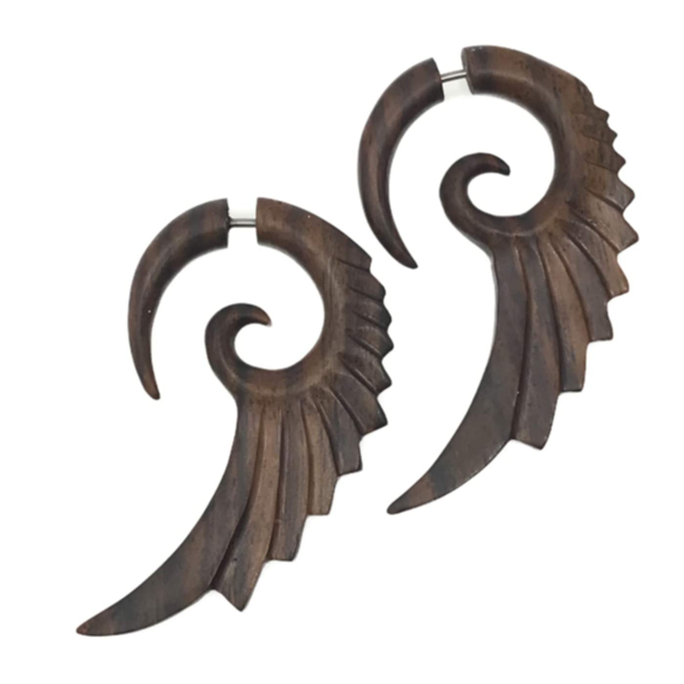 UMBRELLALABORATORY Tribal Organics Earrings Wooden Tropical Feathered Style Fake Gauges
