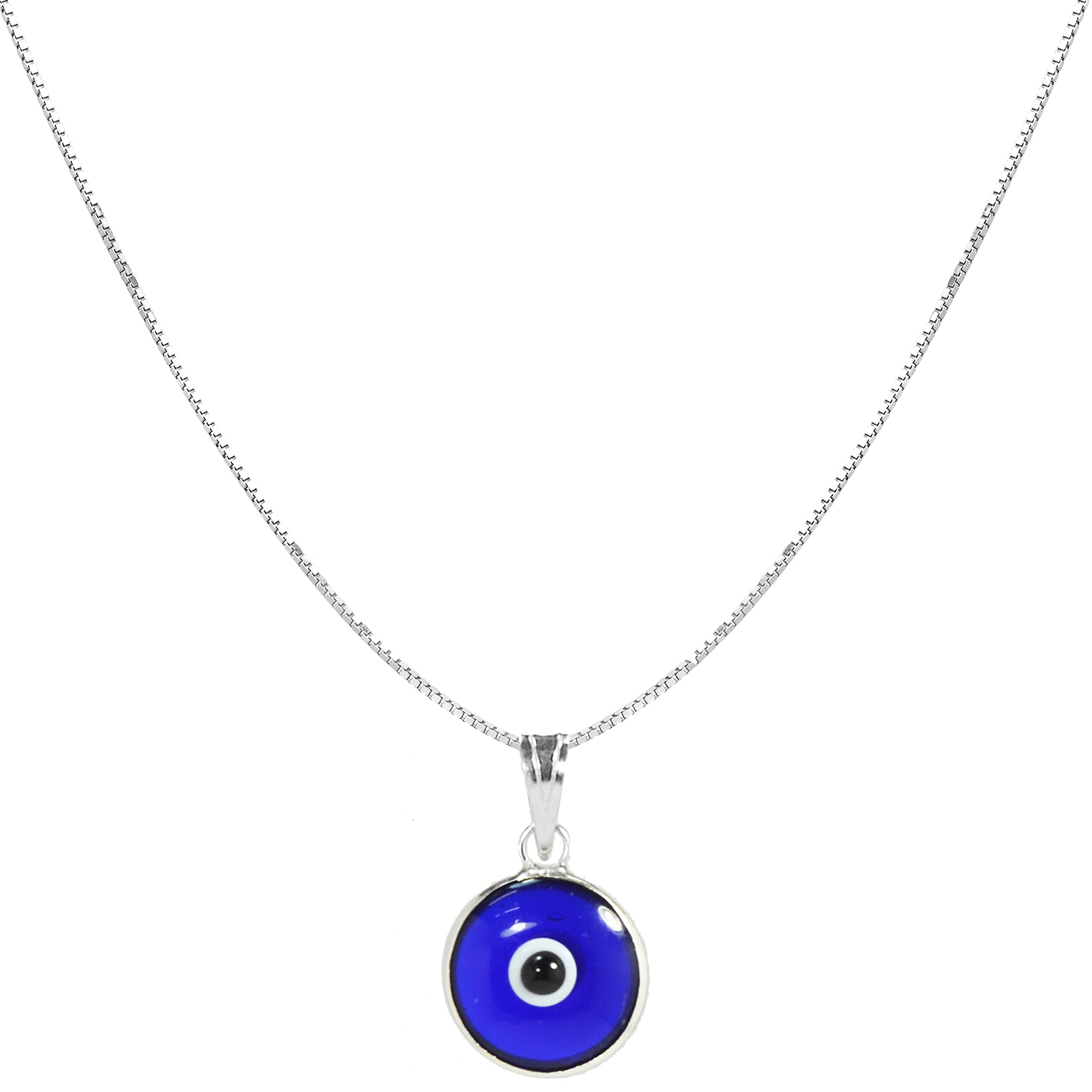 Blue Glass Evil Eye Protection Charm Pendant on 20 Inch Silver Box Chain Necklace for Men & Women - Evil Eye Jewelry in 925 Sterling Silver
