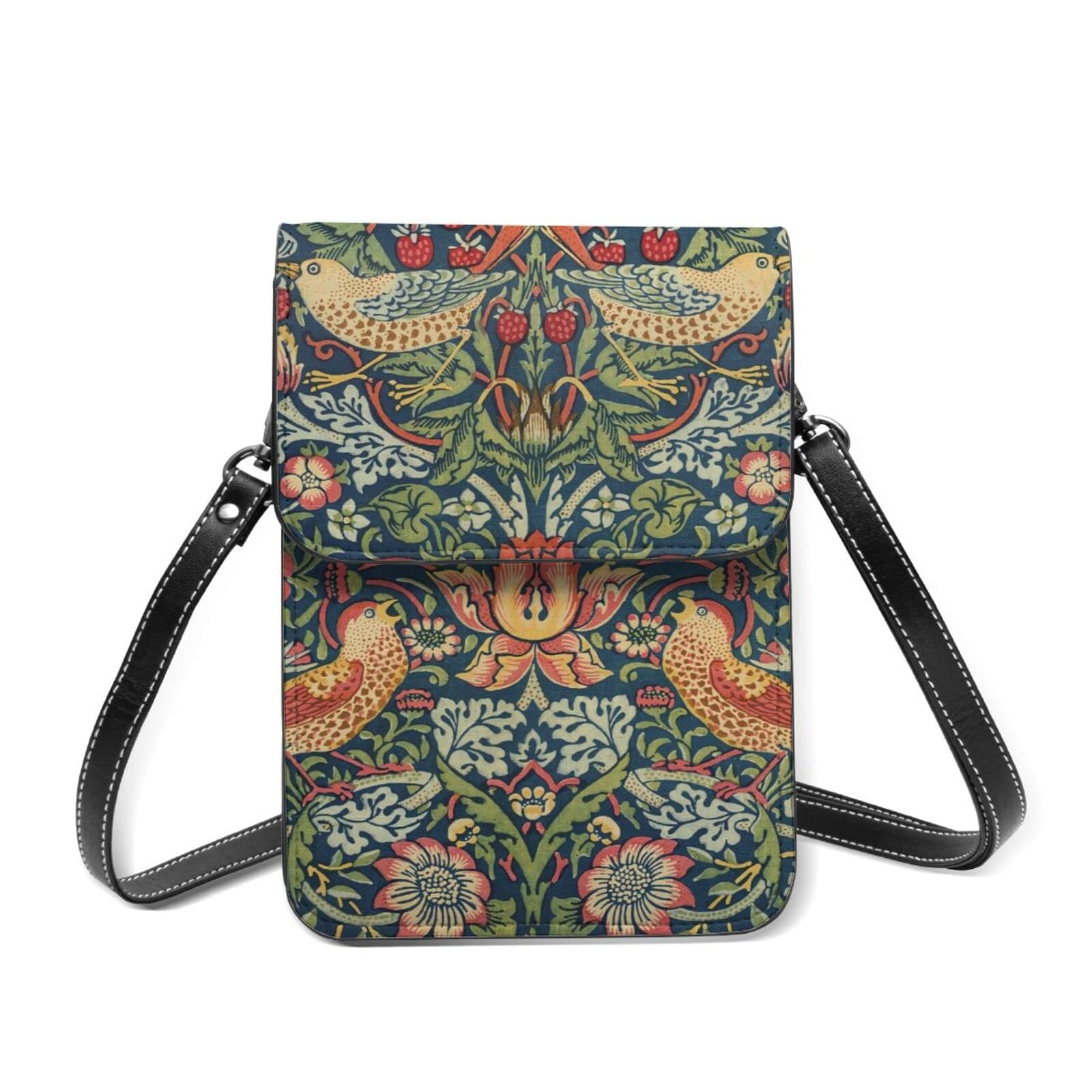 Striking Strawberry Thief Floral Art Crossbody Cell Phone Purse Wallet Bags With Shoulder Adjustable Strap For Women Teen Girls