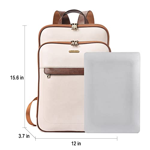 CLUCI Leather Laptop Backpack Purse for Women 15.6 inch Computer Backpack Stylish Travel Bag Daypack Beige with Brown