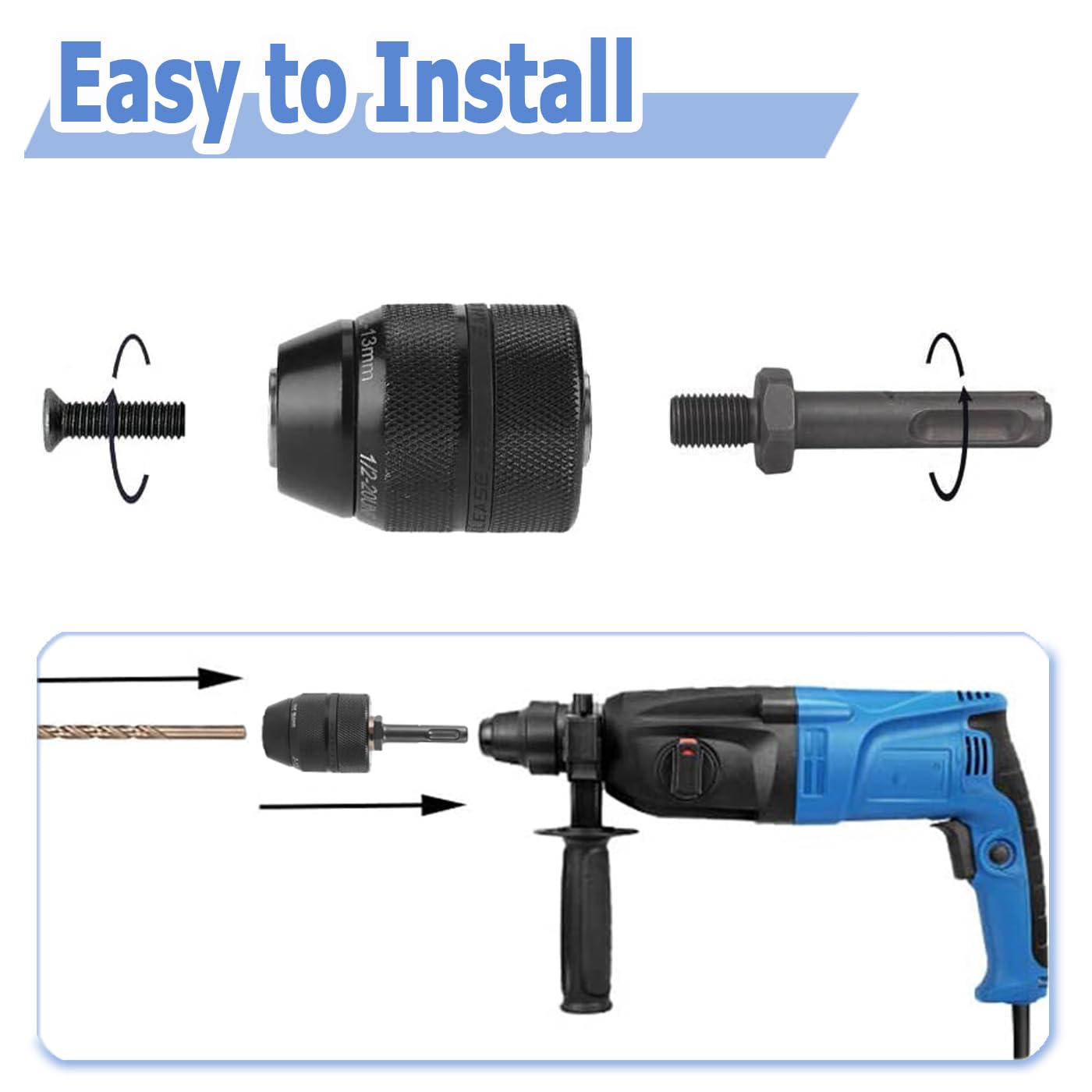 Mesee 2-13MM Keyless Drill Chuck with SDS Plus Adaptor, Professional Heavy Duty 1/2-20UNF Mount Quick Change Self-tighten Drill Chuck Adapter Converter Rotary Hammer Conversion Tool