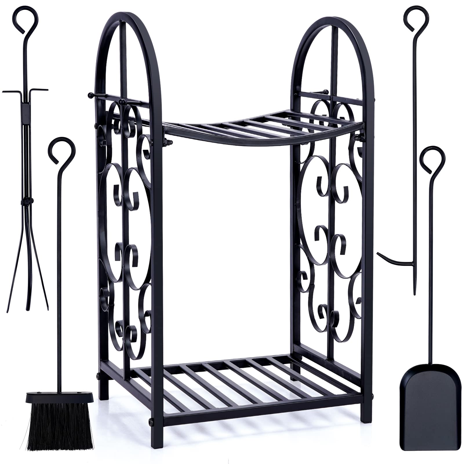 Sturdy Firewood Rack Fireplace Tools Set with 4 Fireplace Accessories Brush Shovel Poker Tong, Vertical Design 2 Shelves Log Storage Rack Holder, Holds a Great Amount of Wood Fireside Logs