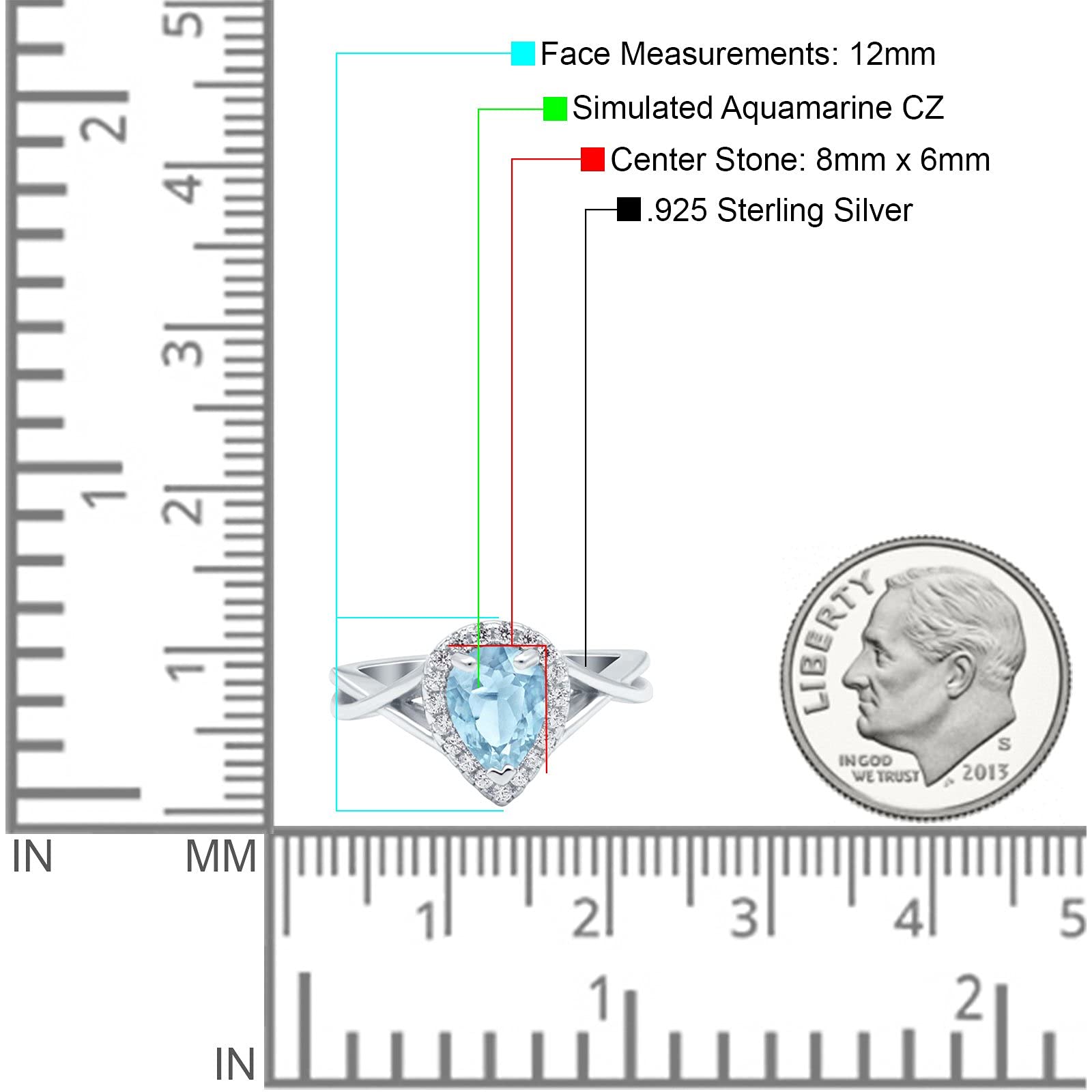 Blue Apple Co. Simulated Aquamarine Cubic Zirconia Size-8 Teardrop Pear Halo Twist Infinity Shank Art Deco Engagement Wedding Bridal Ring Round Simulated CZ 925 Sterling Silver