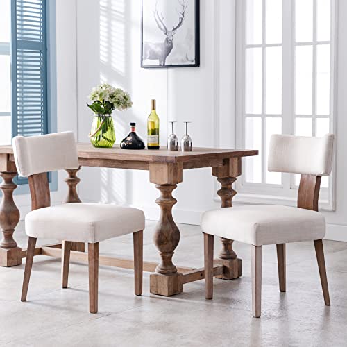 HNY Mid Century Modern Dining Chairs Set of 6, Farmhouse Linen Fabric Upholstered Accent Chairs Curved Backrest Kitchen Chairs, with Hardwood Frame, Beige, Linen-beige
