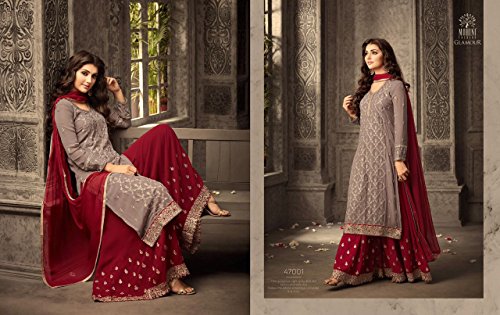 Indian Pakistani Dresses for Women Palazzo Style Embroidered Salwar Kameez Suit 47001 (Red, M-40)