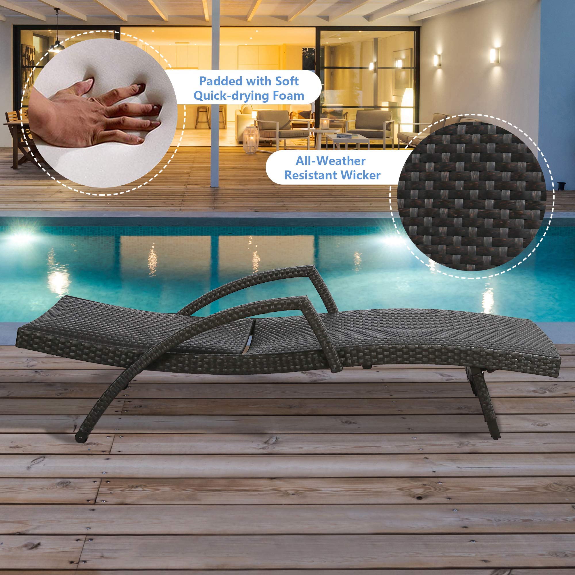 Iwicker Aluminum Outdoor Chaise Lounges with Quick Dry Foam Padded, Adjustable Wicker Patio Reclining Lounge Chairs with Wheels and Armrest, Set of 2