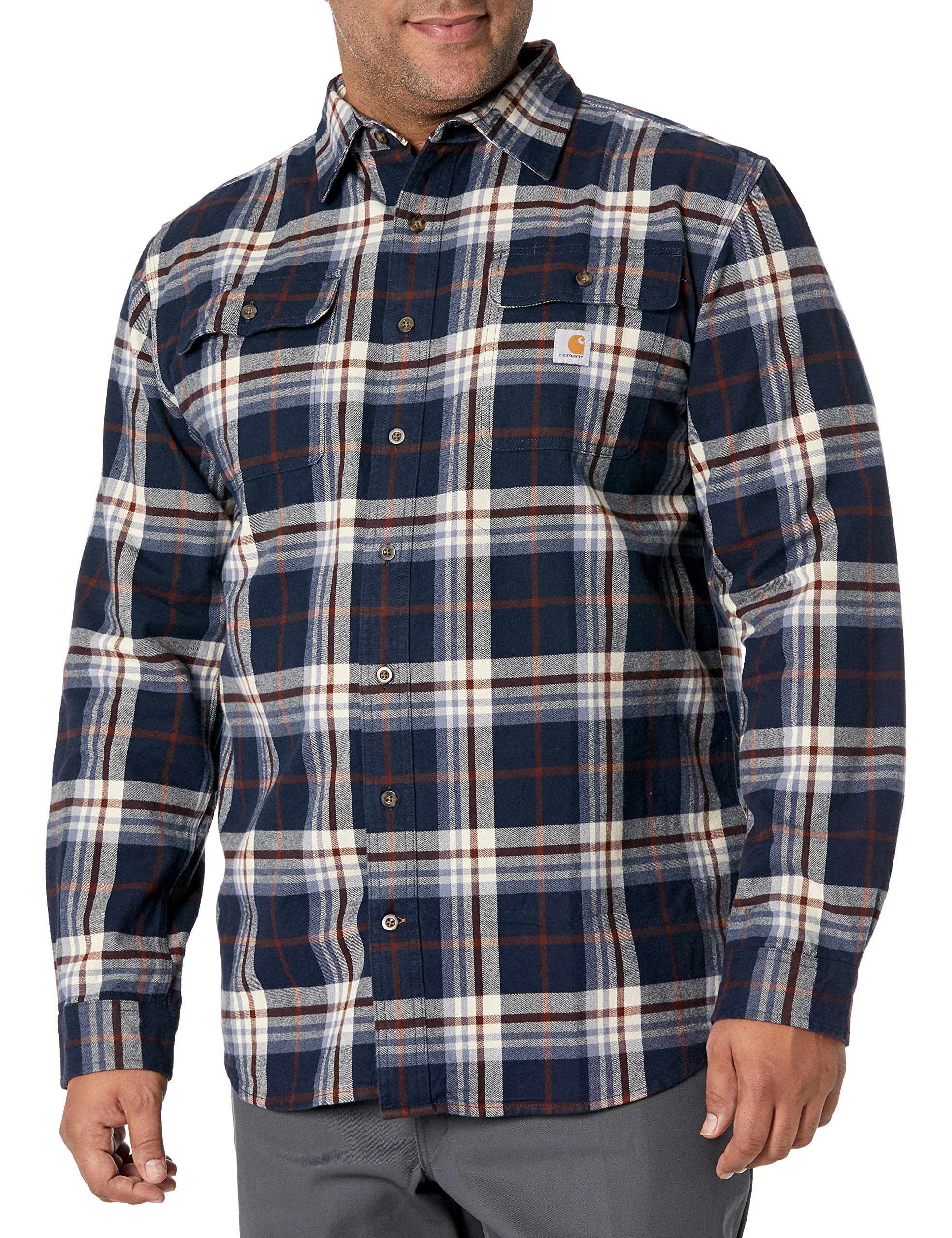 Carhartt Men's Big & Tall Loose Fit Heavyweight Flannel Long Sleeve Plaid Shirt, Navy, Large/Tall