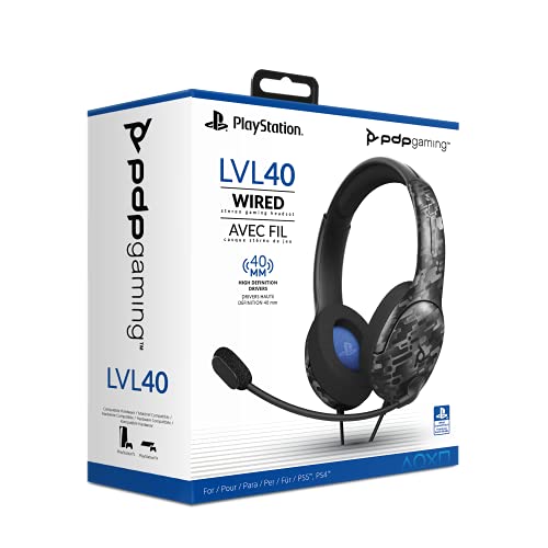 PDP Gaming LVL40 Stereo Headset with Mic for PlayStation, PS4, PS5, PC- Noise Cancelling Microphone, 3.5mm jack - Camo, Camouflage