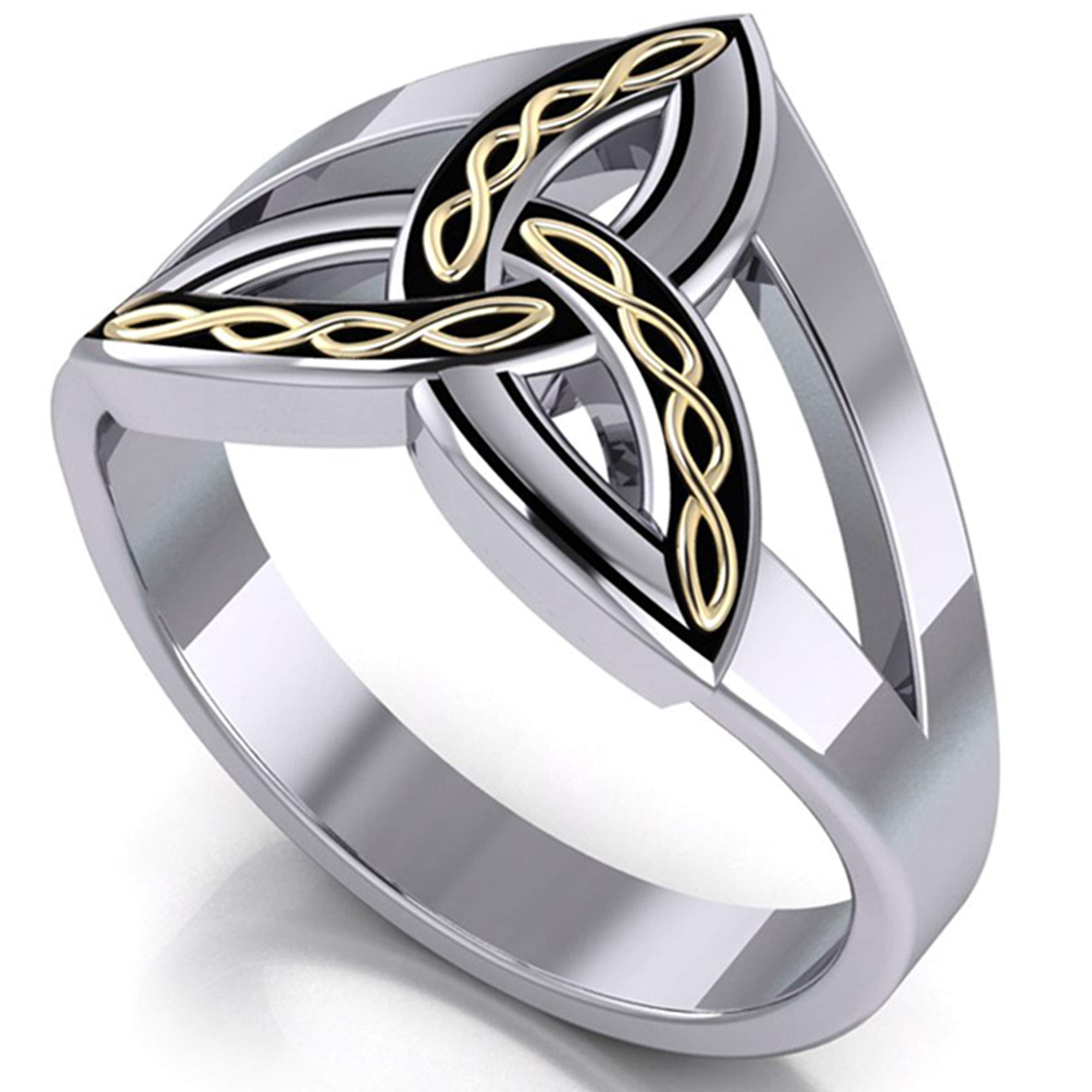 Braided Trinity Knot Ring, Two-Tone Solid Sterling Silver and 18kt Gold Accent, Celtic Triquetra Size 6(Sizes 5,6,7,8,9,10,11,12,13)