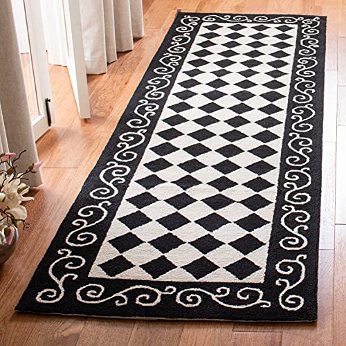 SAFAVIEH Chelsea Collection Runner Rug - 2'6" x 8', Black & Ivory, Hand-Hooked French Country Checkered Wool, Ideal for High Traffic Areas in Living Room, Bedroom (HK711A)