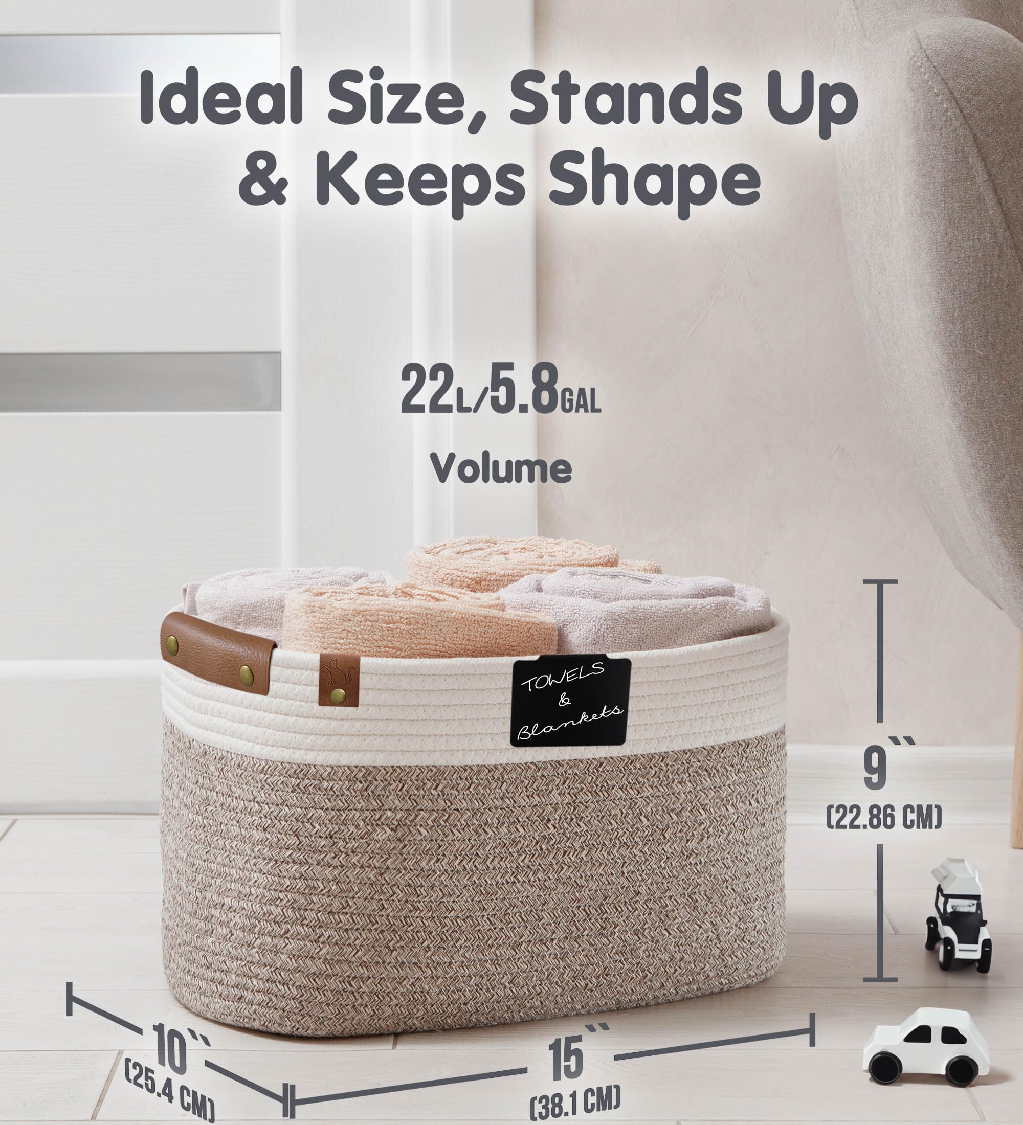 Cotton Rope Baskets for Organizing β Storage Baskets for Shelves | 15"x10"x9" | Rope Basket for Storage, Small Laundry Baskets, Woven Baskets for Storage, Dog Toy Bin, Baby Basket, Creamy White &Brown