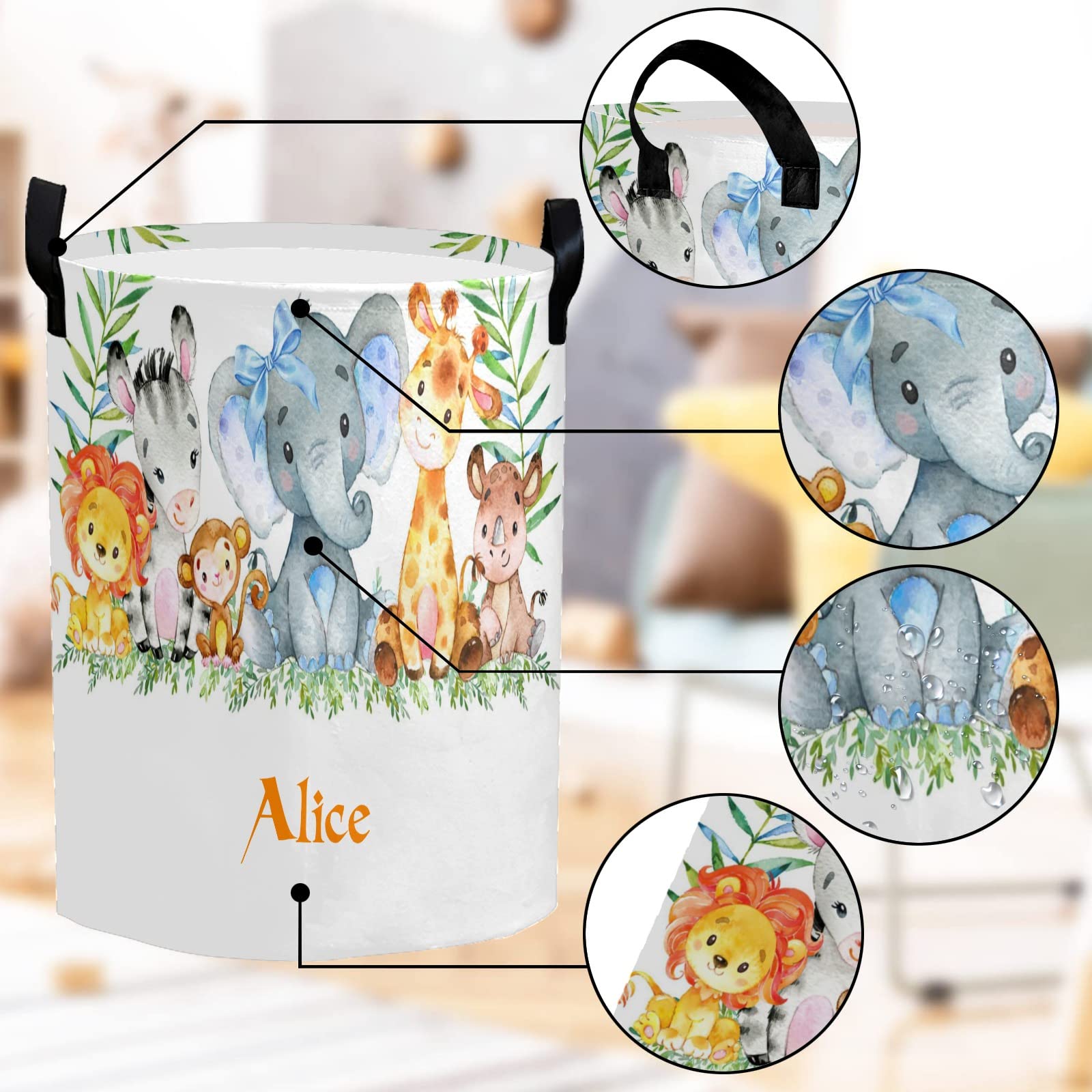 Customized Laundry Basket Name Organizer Bin Laundry Hamper with Handle Clothes Hamper for Nursery Clothes Toys Decor(Giraffe Monkey Elephant Animal)