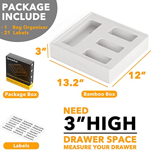 SpaceAid Bag Storage Organizer for Kitchen Drawer, Bamboo Organizer, Compatible with Gallon, Quart, Sandwich and Snack Variety Size Bag (1 Box 4 Slots), White