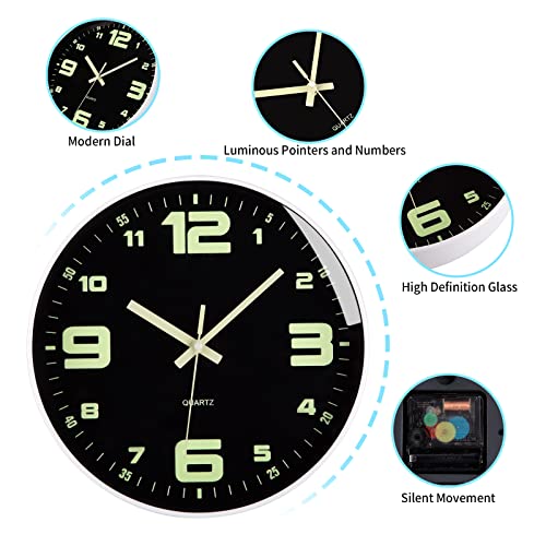 NESIFEE 12 Inch Glow in The Dark Wall Clock,Night Light Wall Clock,Silent Non-Ticking, Battery Operated Wall Clocks for Living Room Kitchen Office Bedroom