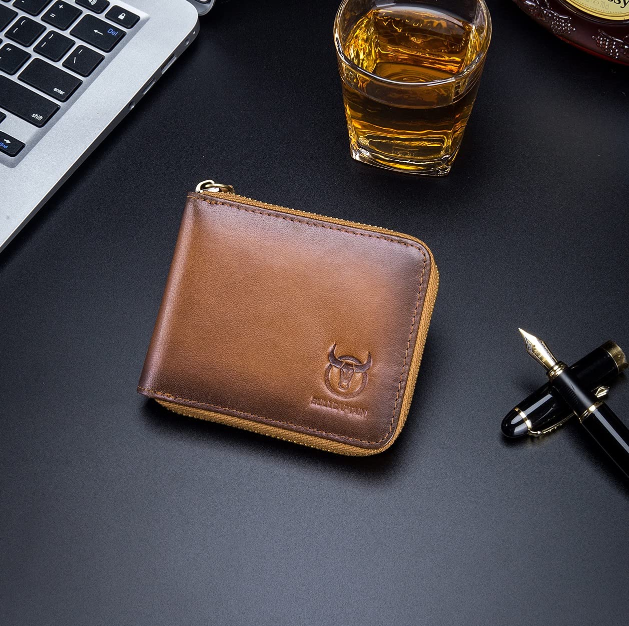 BULLCAPTAIN Mens Genuine Leather Zipper Wallet RFID Blocking Bifold Secure Zip Around Wallets Multi Credit Card Holder Purse (Handmade brown)