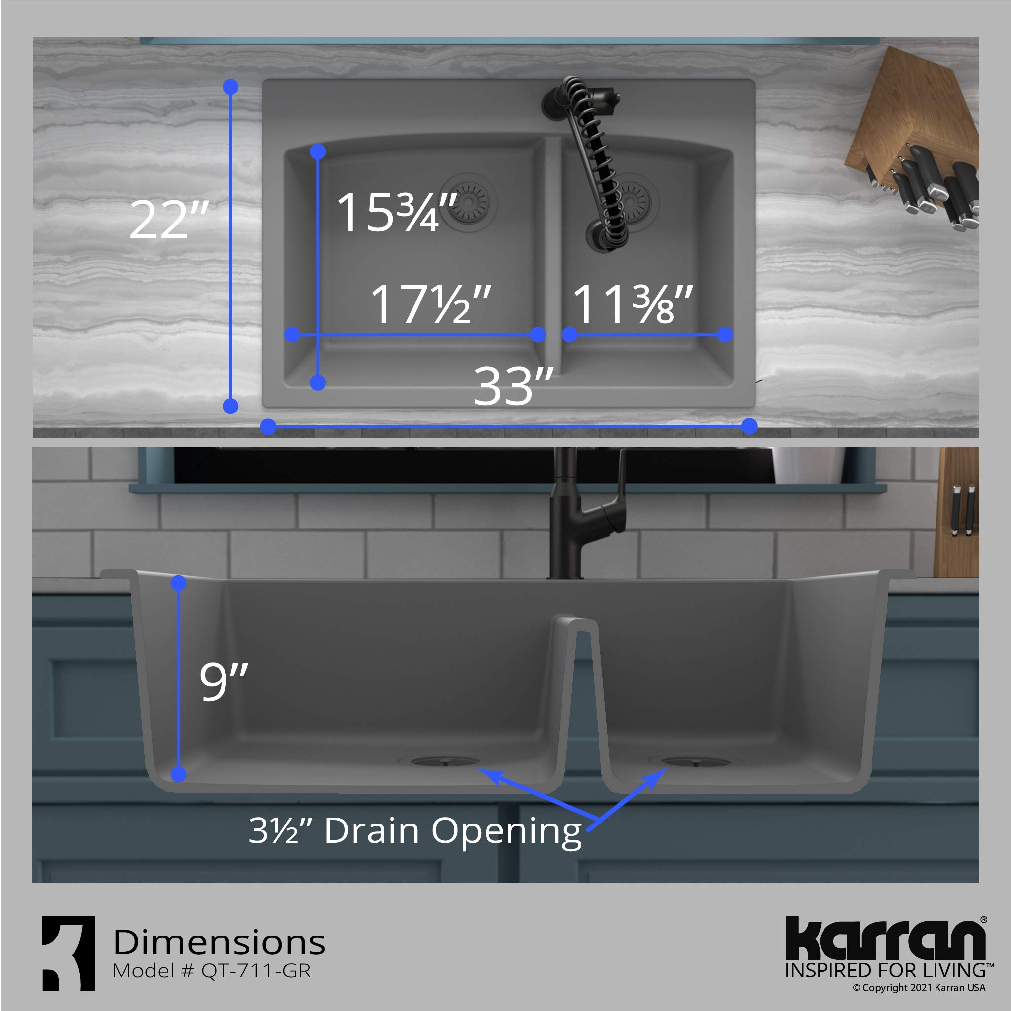 Karran QT-711 Drop-In Quartz Composite 33 in. 1-Hole 60/40 Double Bowl Kitchen Sink Kit in Grey